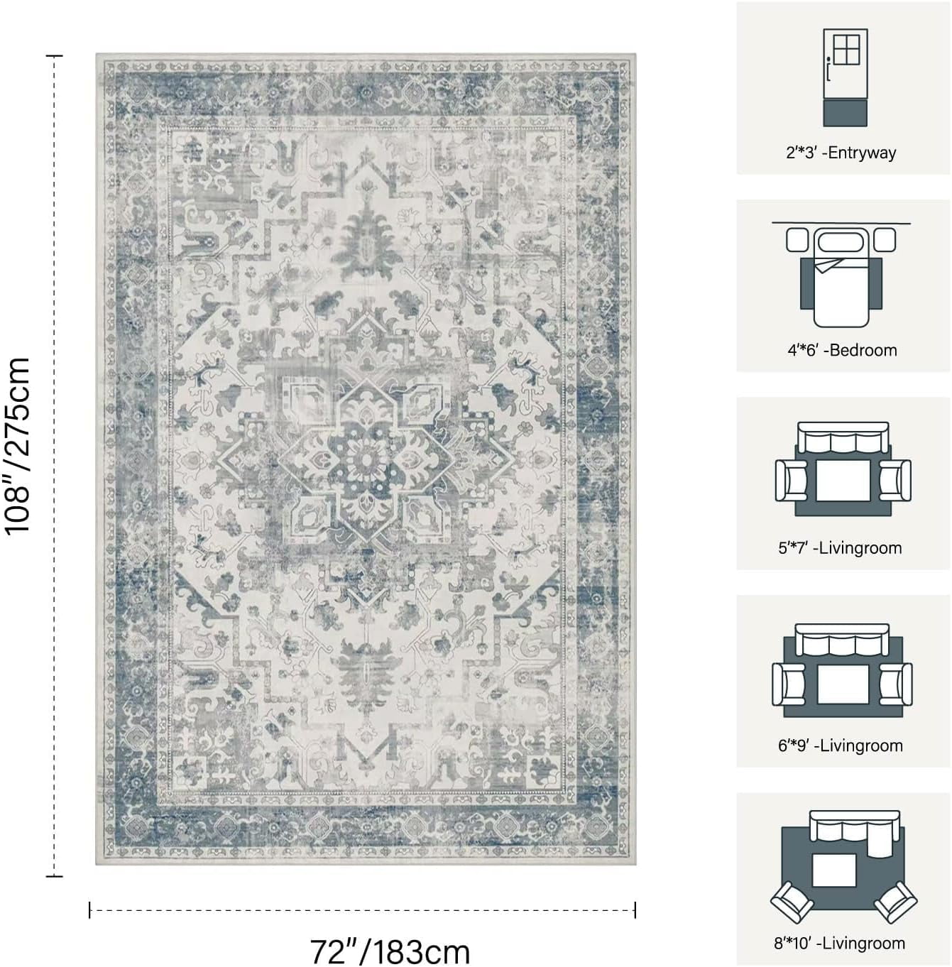6x9 Washable Area Rug for Living Room, Neutral Vintage Large Boho Rugs ...