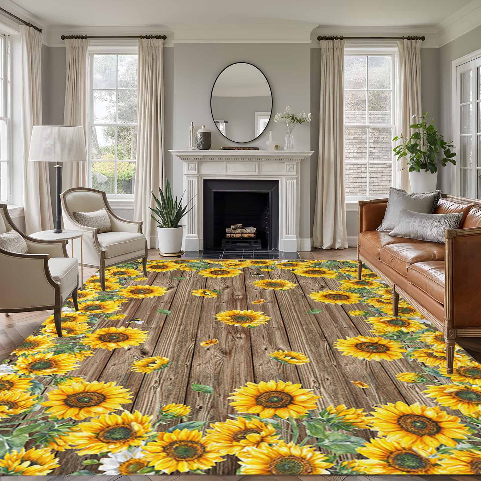 6x9 Yellow Sunflower Large Area Rug for Living Room, Washable Non Slip ...