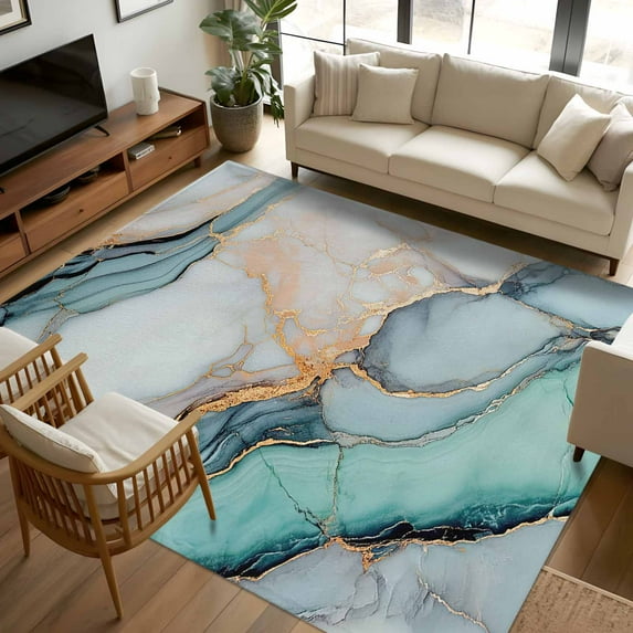 6x9Ft Area Rugs Blue Teal Marble Non-Skid Rubber Backing Large ...
