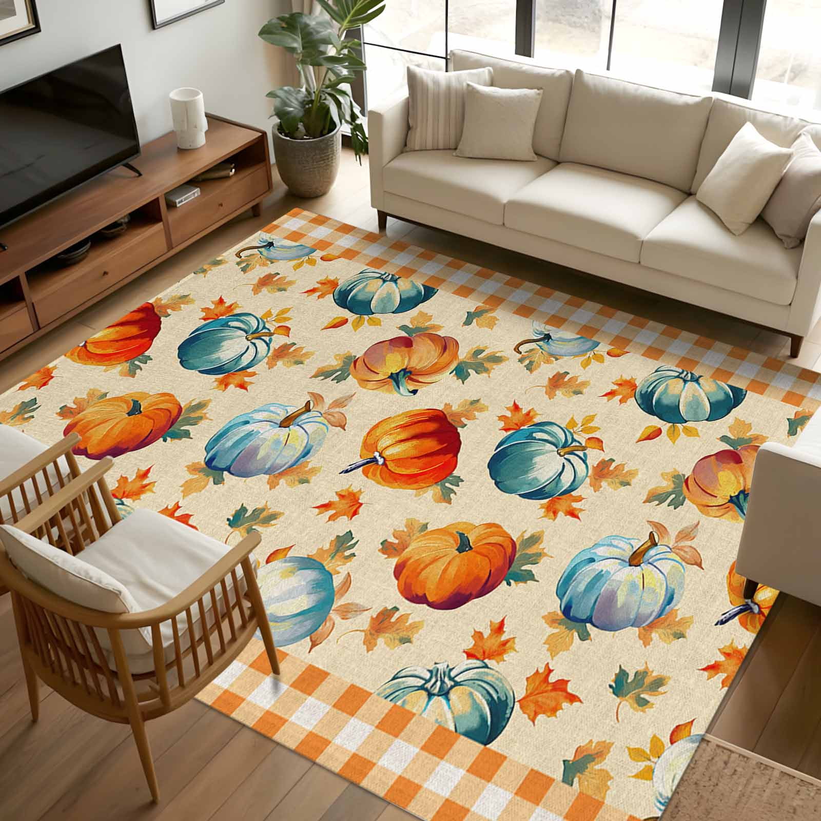 6x9Ft Area Rugs Fall Orange Blue Pumpkins Non-Skid Rubber Backing Large ...