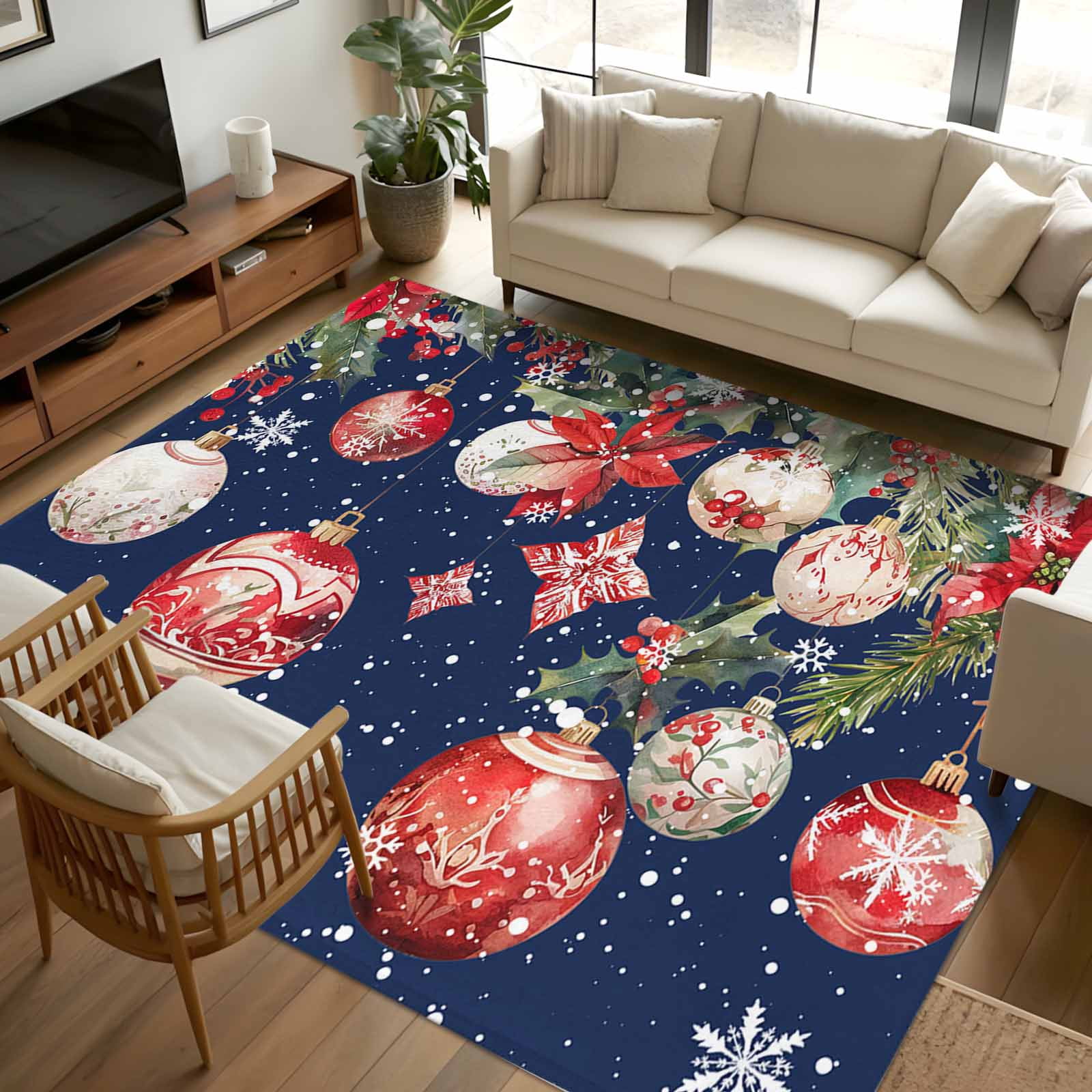 6x9Ft Area Rugs Navy Blue Christmas Balls Non-Skid Rubber Backing Large ...
