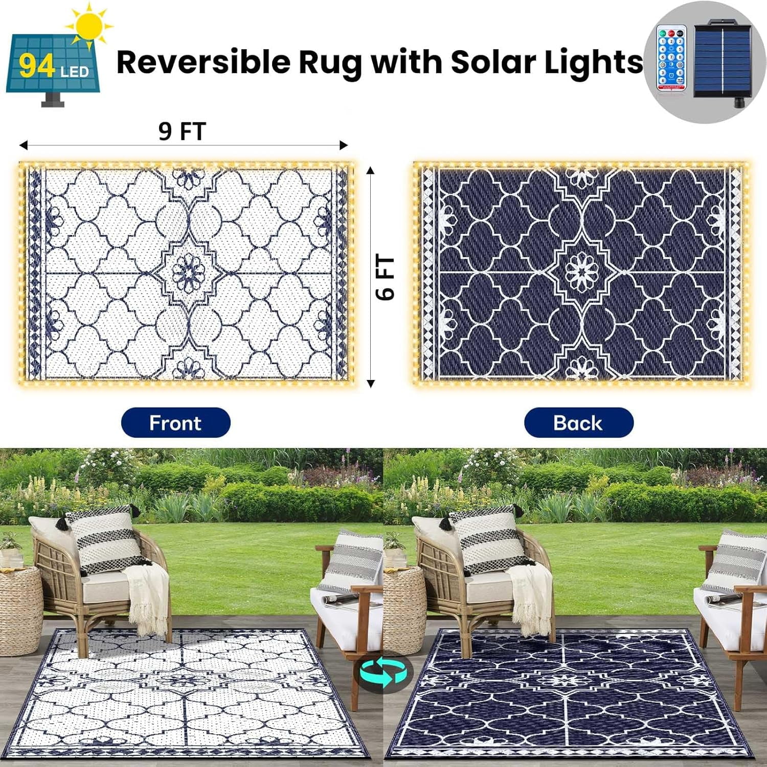 6x9Ft Outdoor Rug, Solar Powered Outdoor Rug with 94LEDs Strip Lights ...