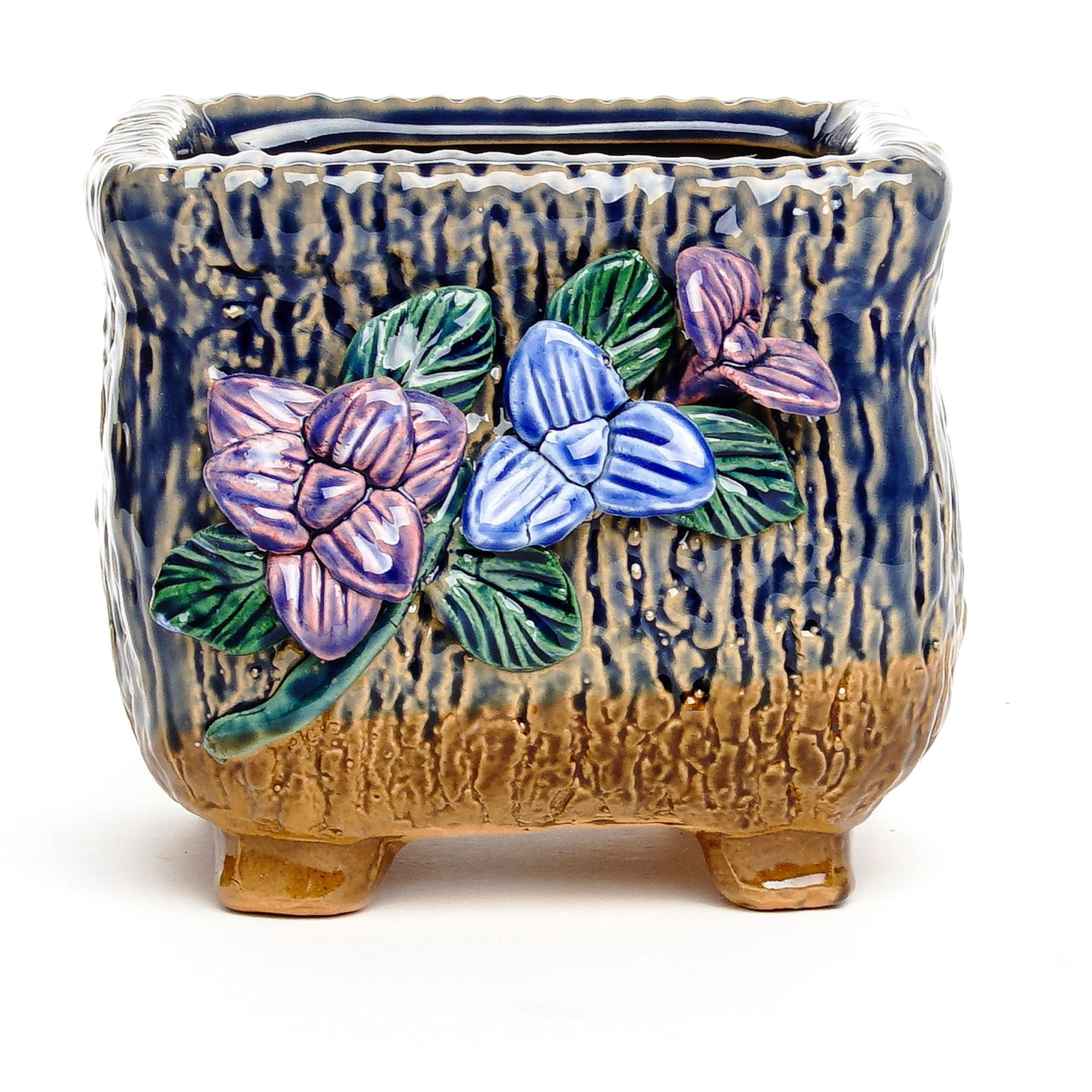 7.09" Small Blue Square Footed Ceramic Planter Pot with Drainage Hole and Mesh Pad - Walmart.com
