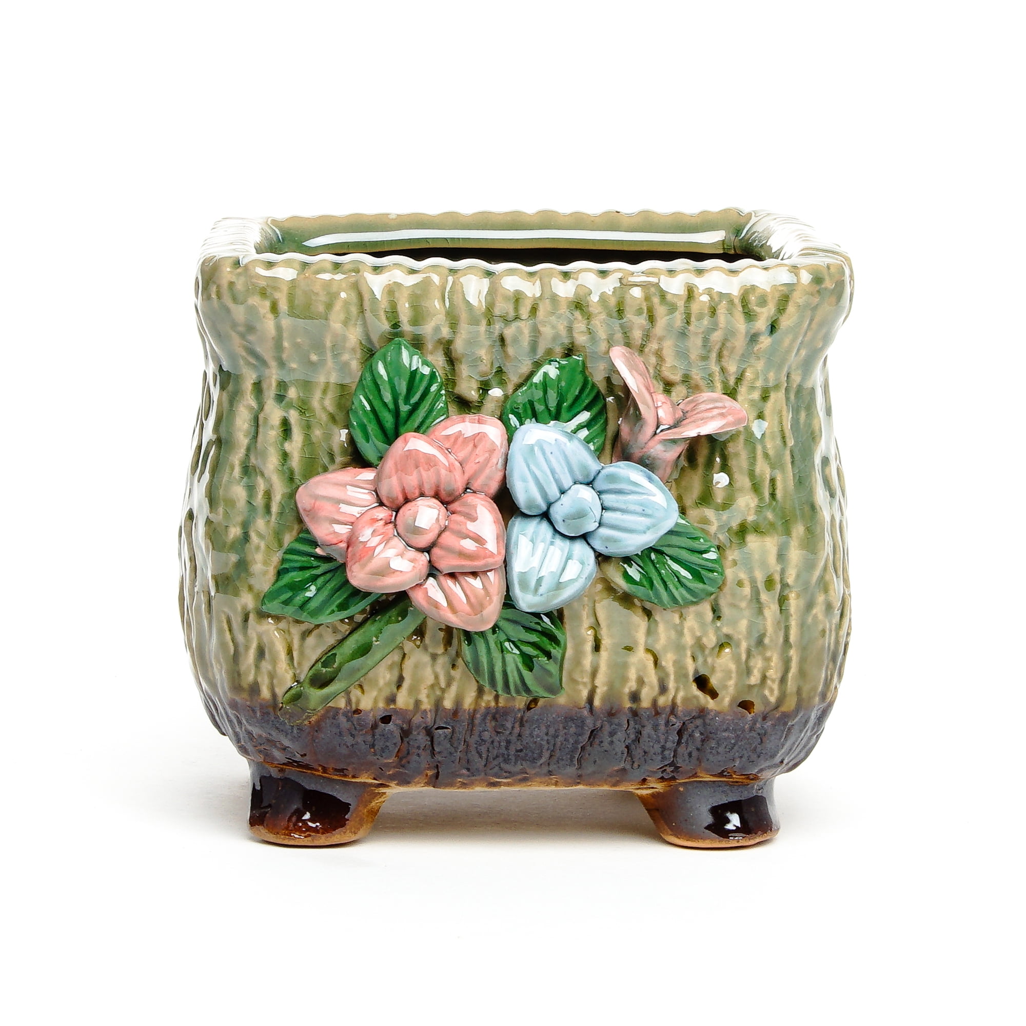 7.09" Small Green Square Footed Ceramic Planter Pot with Drainage Hole ...