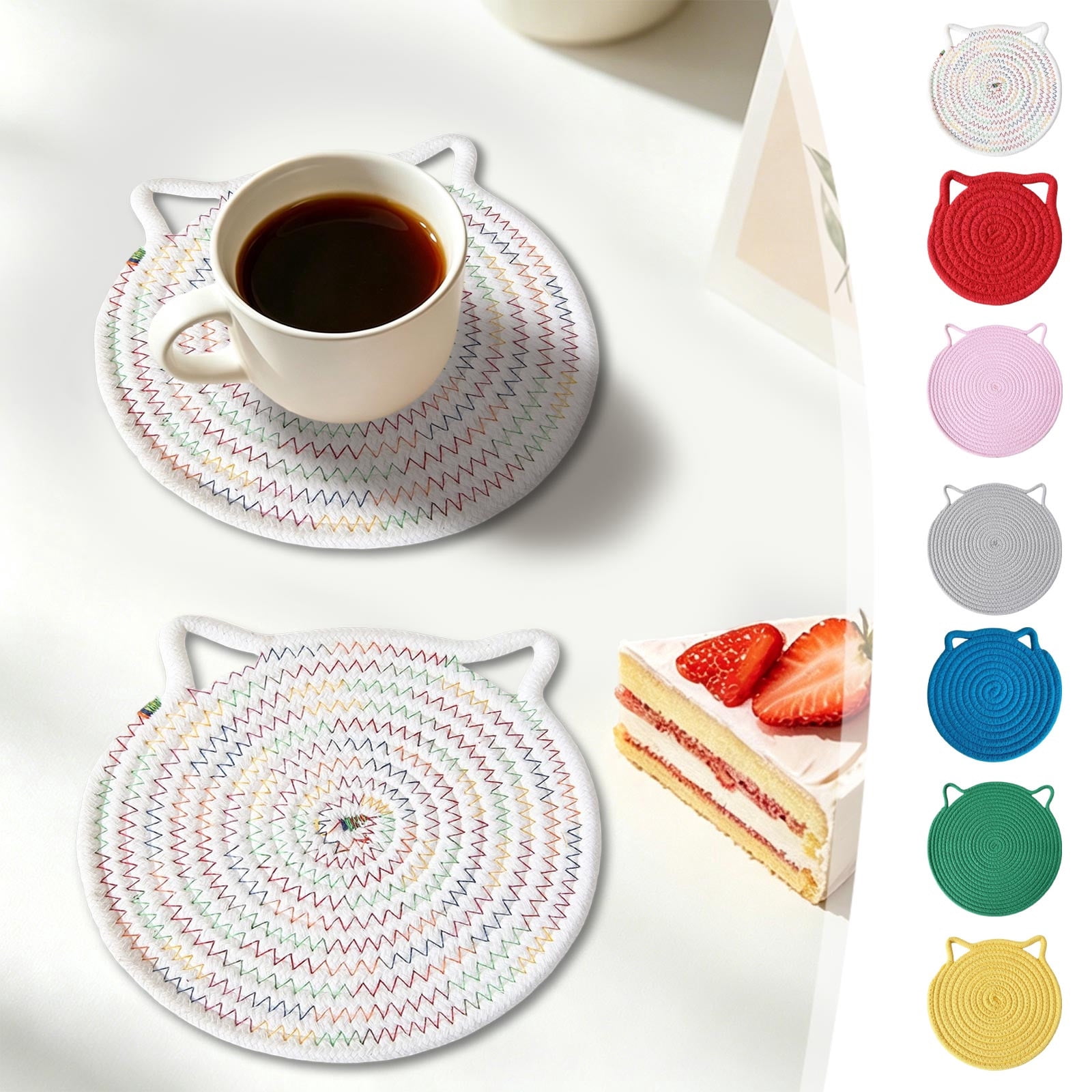 7.09 inch Round Woven Placemat, Cat Ear Shaped Thermal Insulation Mat ...