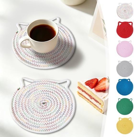 7.09 inch Round Woven Placemat, Cat Ear Shaped Thermal Insulation Mat ...