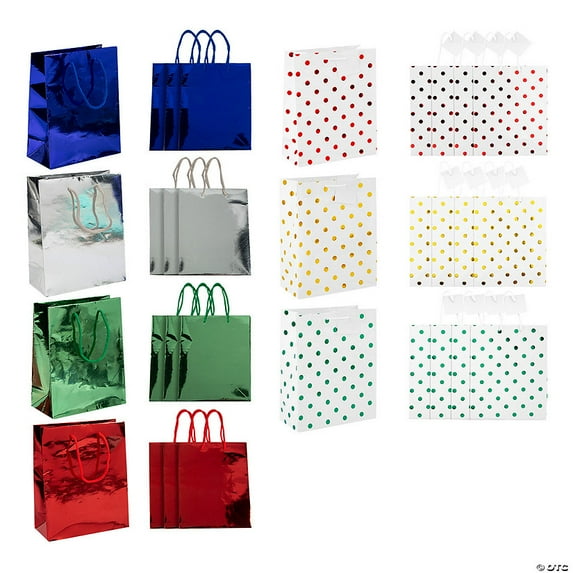 7 1/2" x 9" Christmas-Themed Metallic & Polka Dot Gift Bag Kit - 24 ...