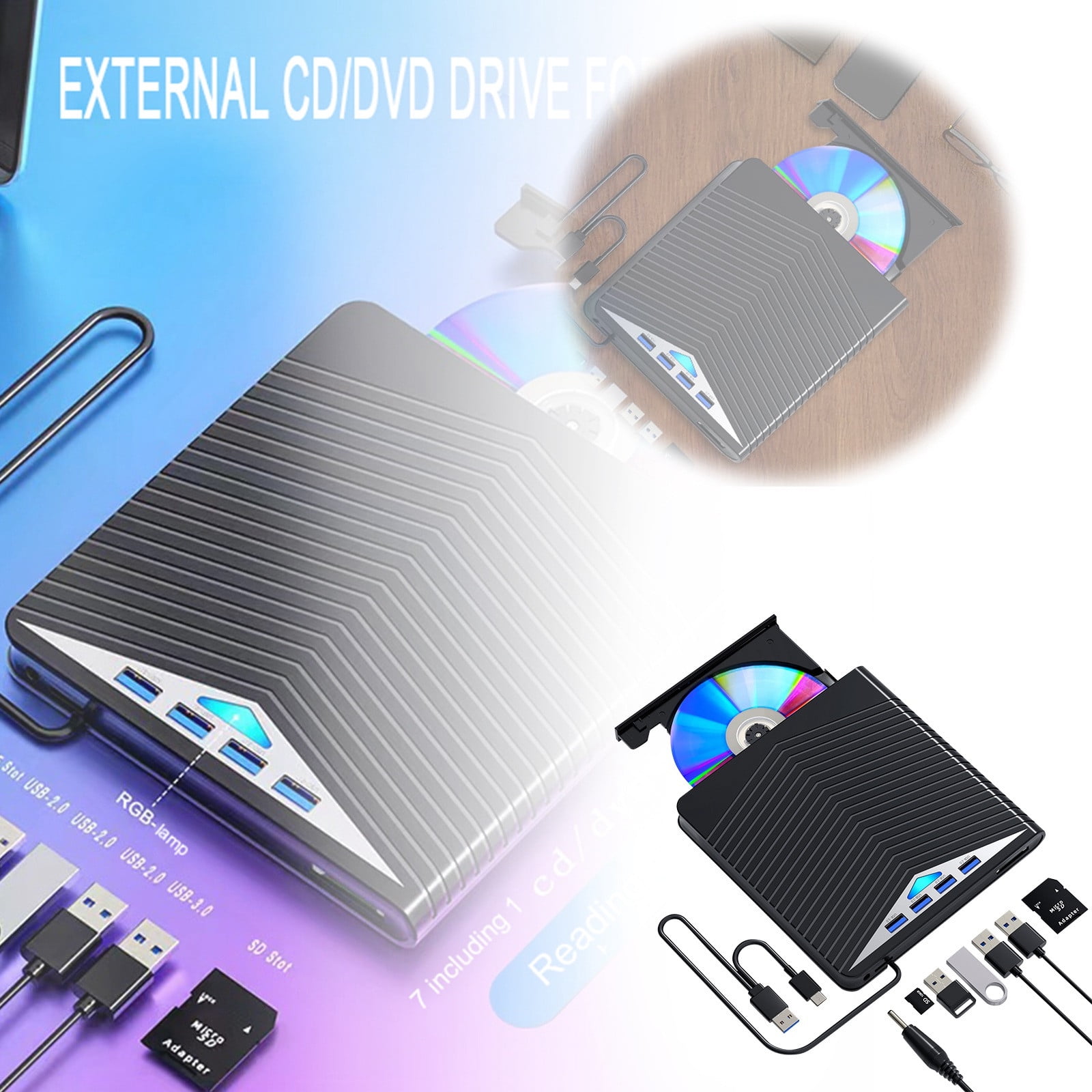 7 In 1 External DVD Drive USB 3.0 Type C， DVD Burner With 4 USB Ports ...