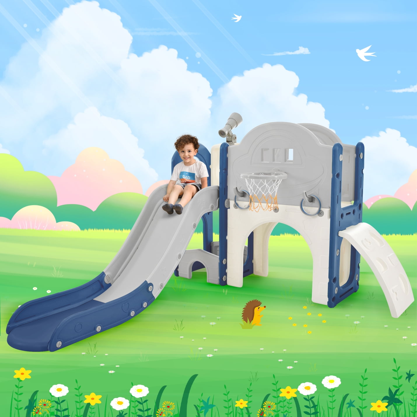7 in 1 Kids Slide Playset for Backyard, Freestanding Spaceship Set with ...