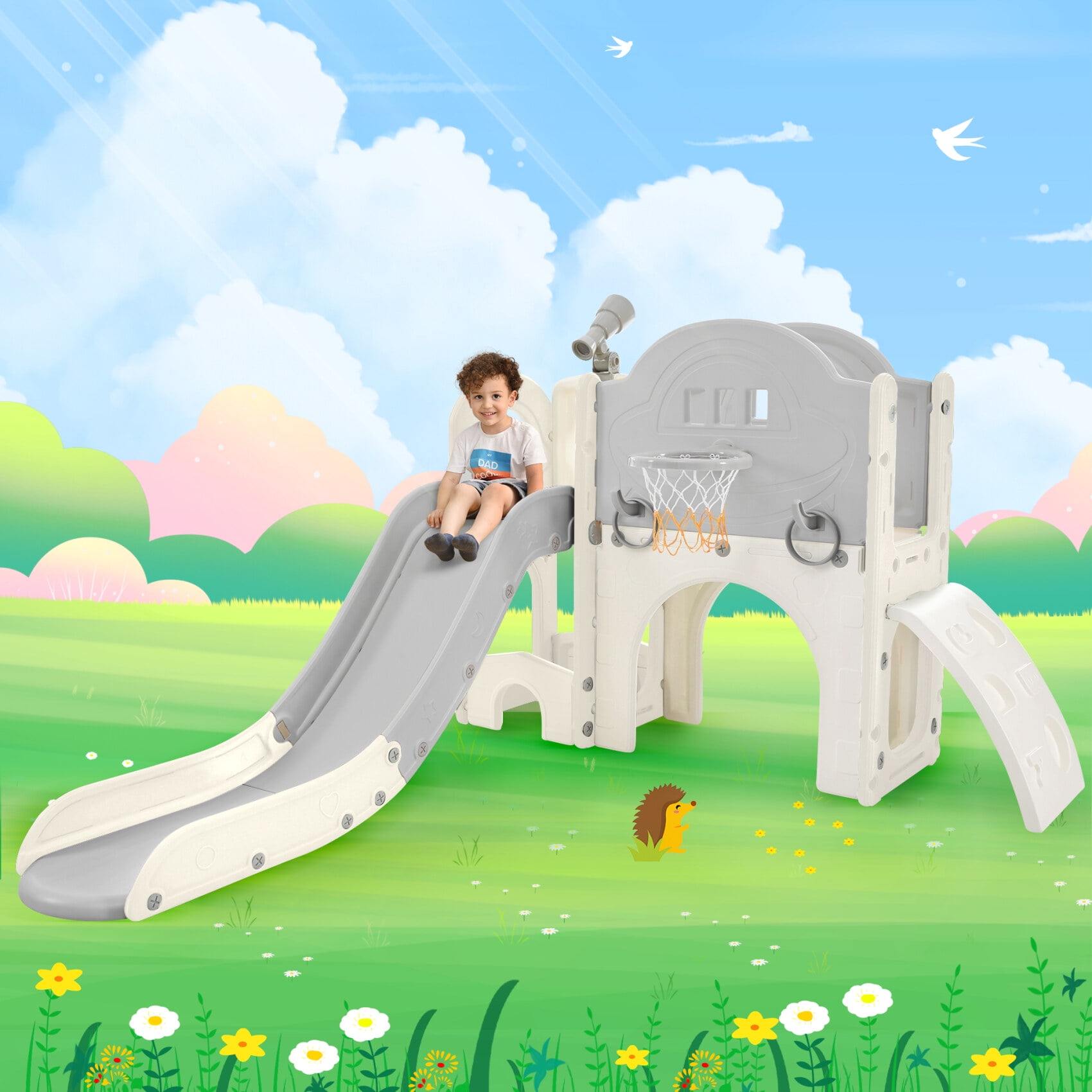 7 in 1 Kids Slide Playset Structure, Freestanding Spaceship Set with ...