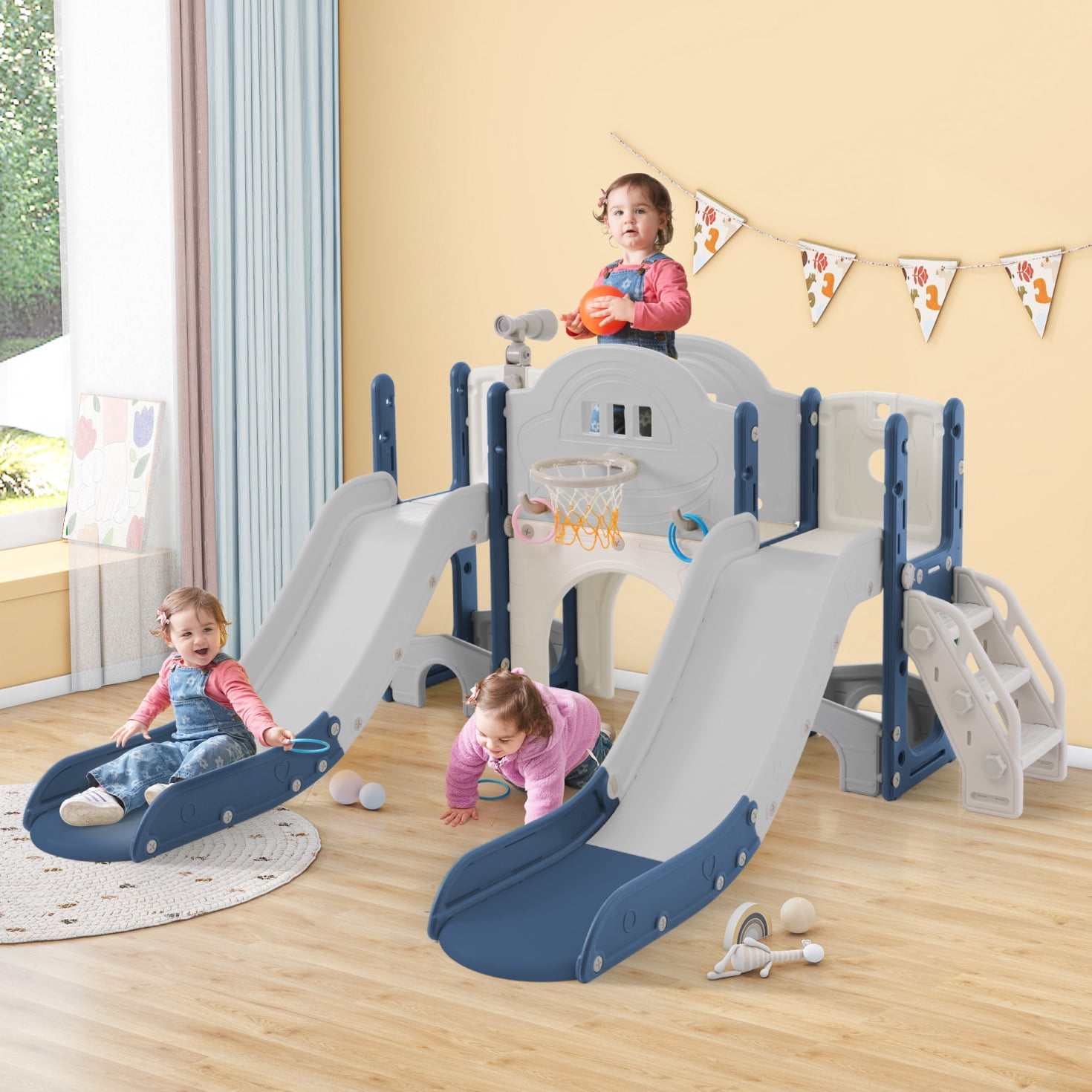 7 in 1 Kids Slide Playset Structure, Freestanding Spaceship Set with ...