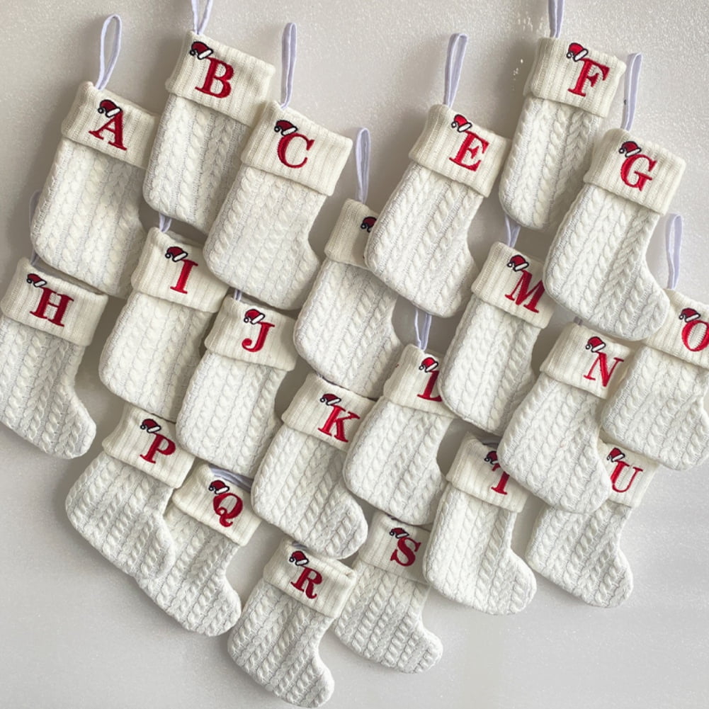 7.1" Mini Christmas Stockings, White Knitted Embroidered Xmas Stockings ...