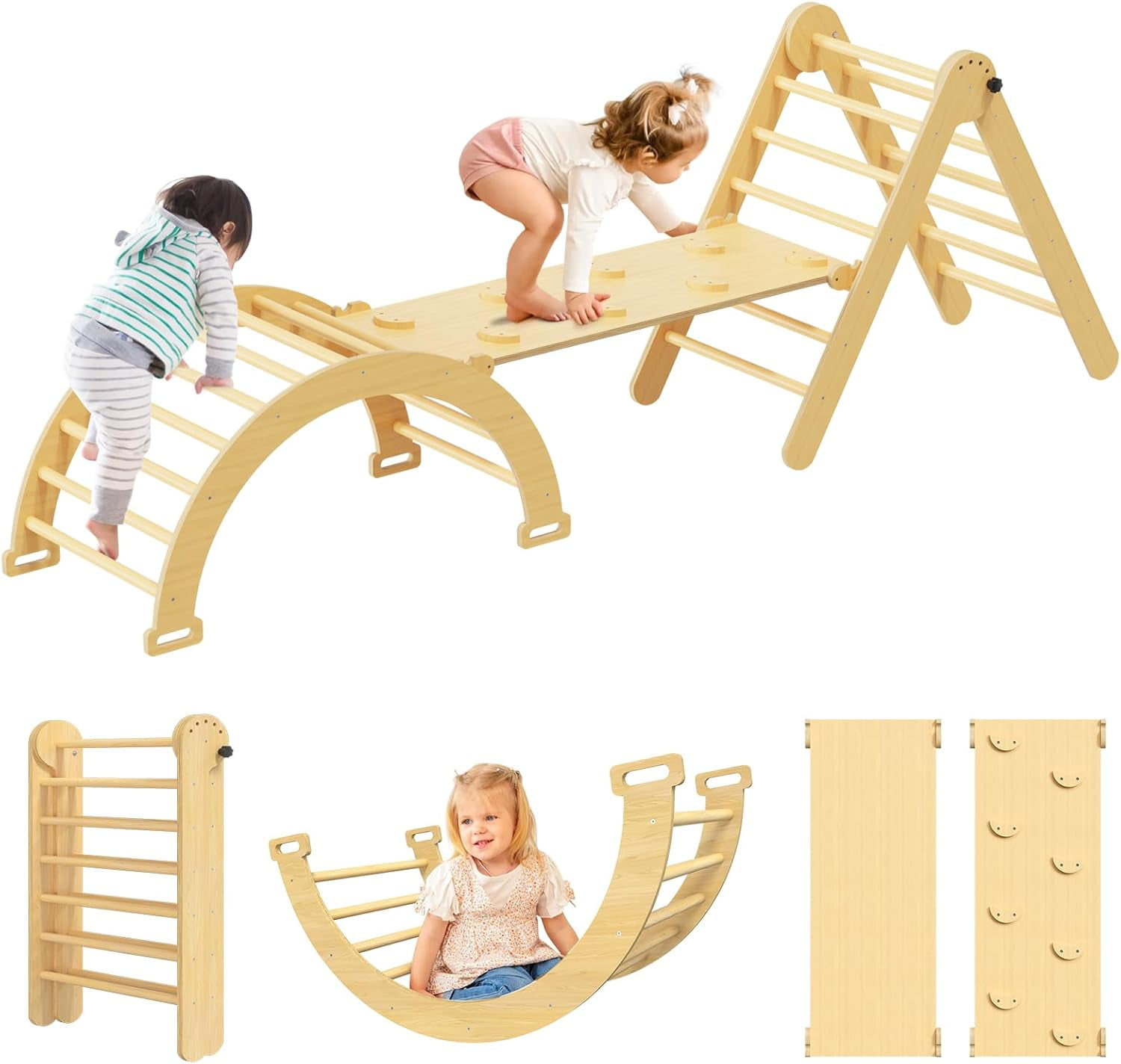 7 in 1 Pikler Triangle Set, Wooden Montessori Toddler Climbing Toys ...