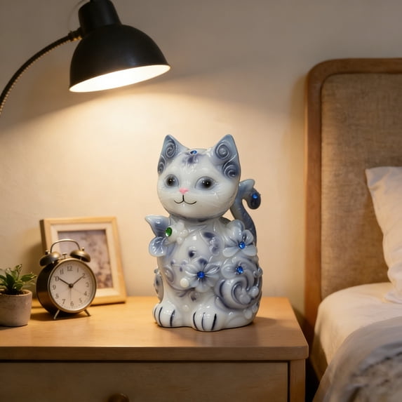 7.1" Usb Resin Cat Night Light Cute Floral Cat Figurine With Rhinestone ...
