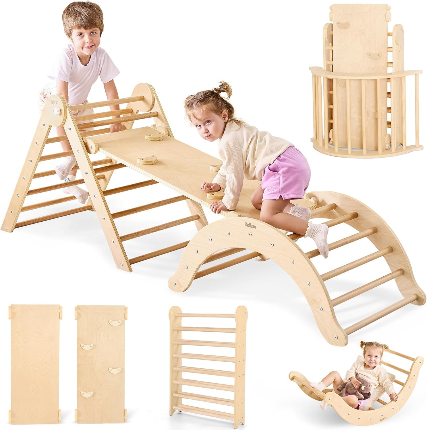 7 in 1 Wood Pikler Triangle Set, Foldable Toddler Climbing Toys Indoor ...