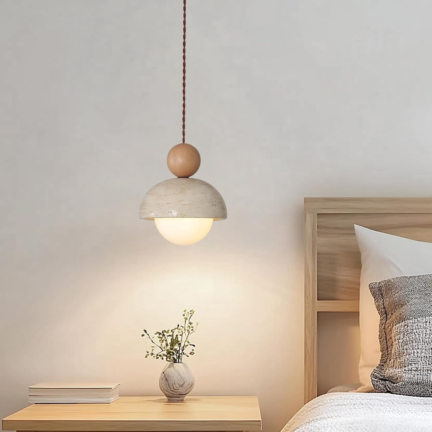 7.1-inch natural stone chandelier, limestone and wood hanging lights ...