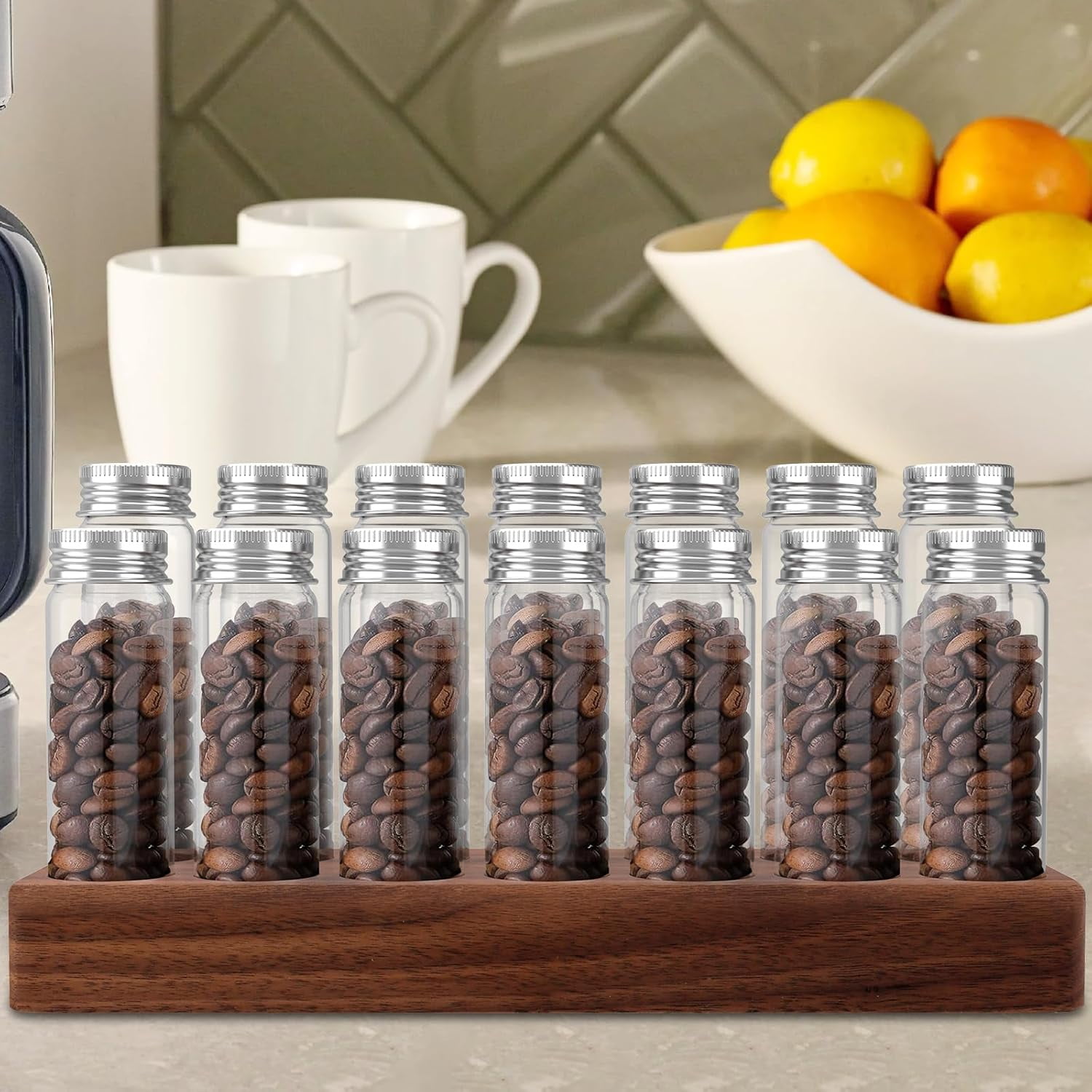 7/14Pcs Coffee Bean Storage Tubes with Walnut Wood Display Stand ...