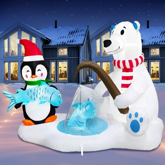 7.1FT Christmas Inflatable Polar Bear & Penguin Fishing Decoration ...