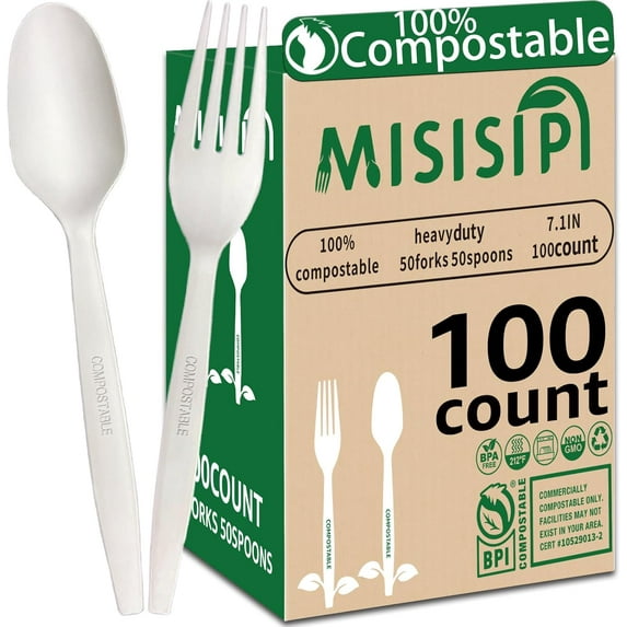 [7.1In 100Pcs] 100% Compostable Forks and Spoons Biodegradable Forks ...