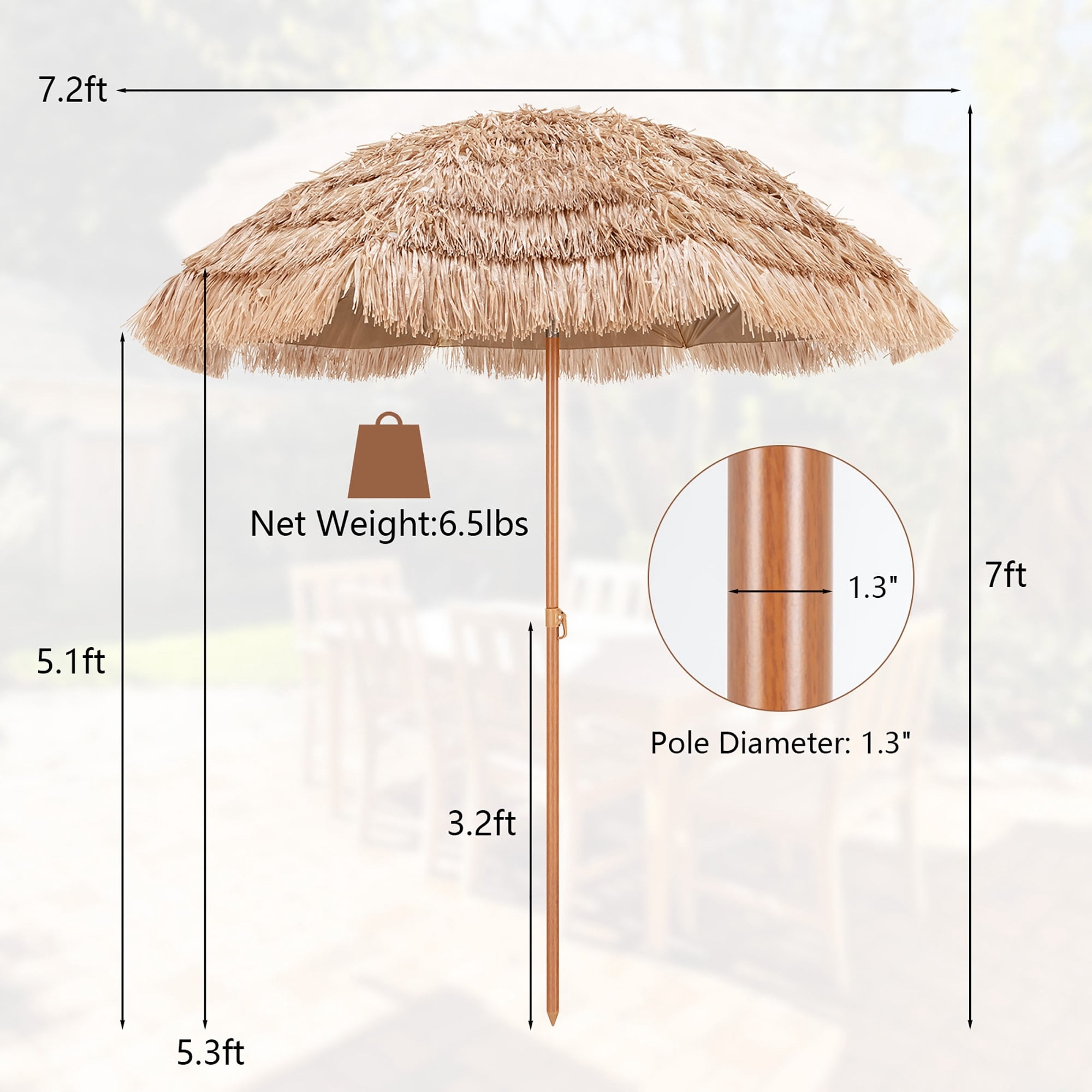 7.2/8 FT Patio Thatched Tiki Umbrella W/Tilt Hawaiian Hula Beach 7.2 ft ...