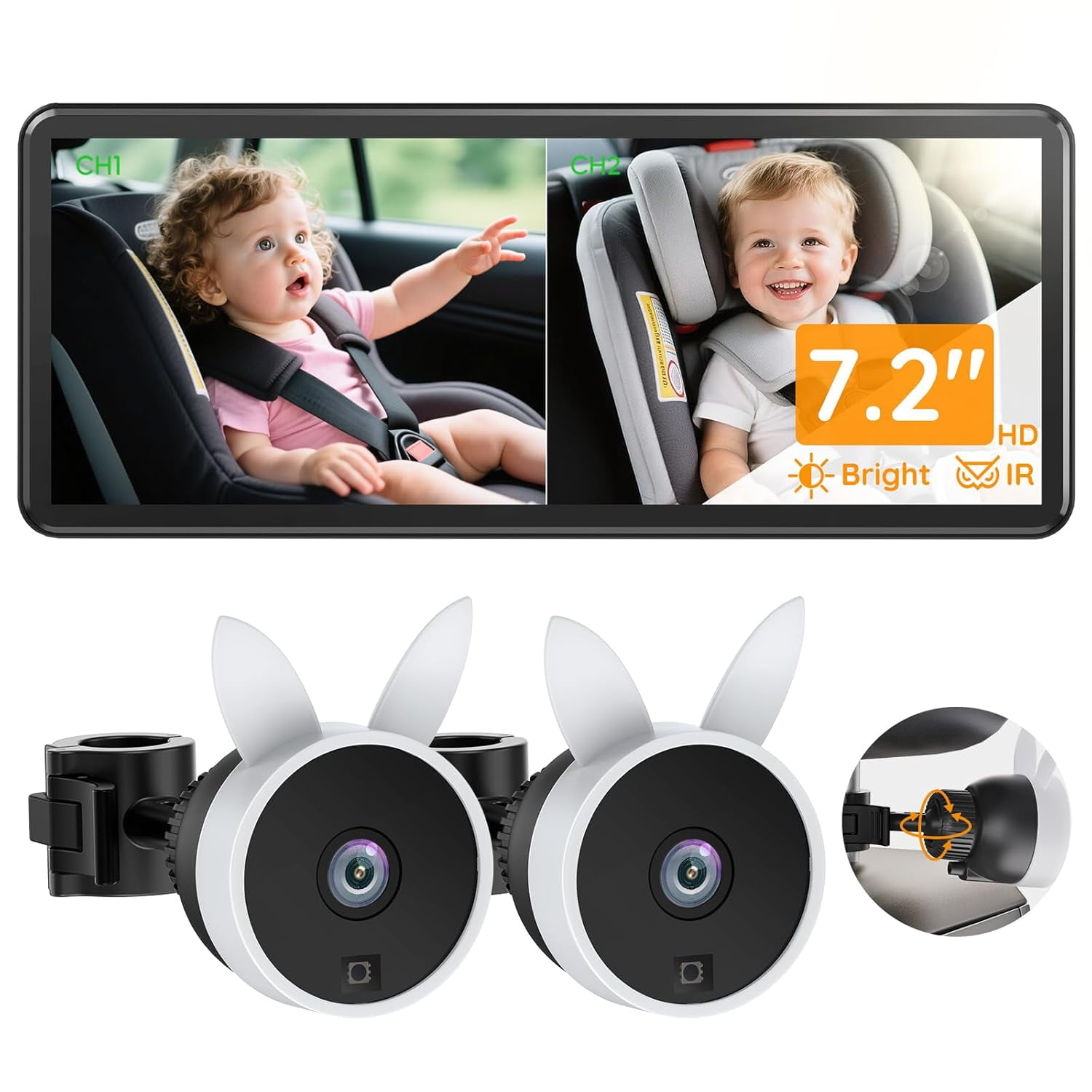 7.2" Dual Car Camera Baby Monitor, 1080P HD Split Screen, IR Night ...