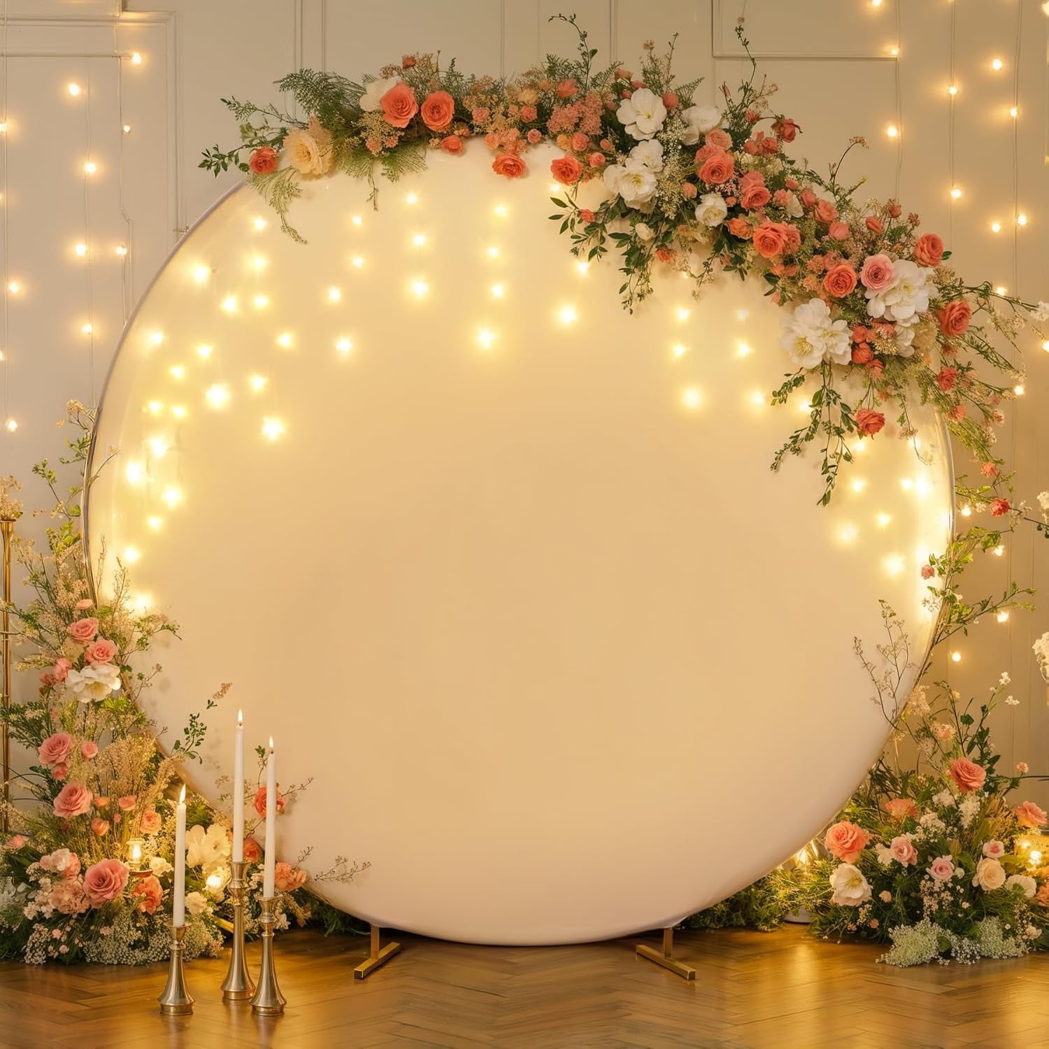 7.2 FT White Round Backdrop Cover with Lights String for Circle Arch ...