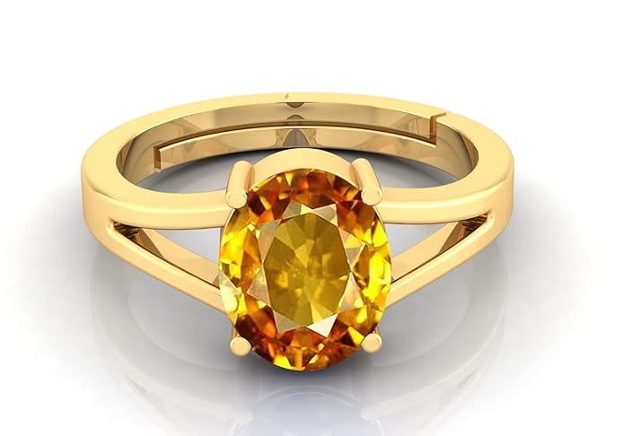 7.25 Ratti Pukhraj Stone Certified Original Yellow Sapphire Ring Round Cut Panchdhatu Adjastable ...