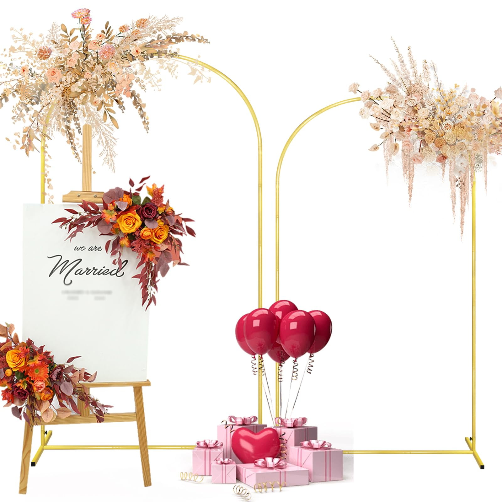 7.2FT, 6.6FT Set of 2 Wedding Arch Backdrop Stand, Gold Metal Balloon ...