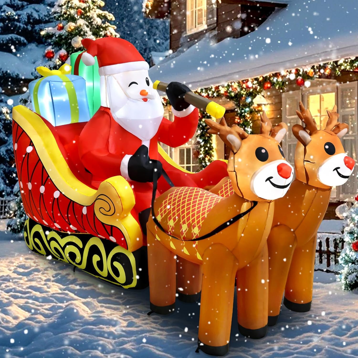 7.2FT Christmas Inflatable Santa on Sleigh with 2 Reindeer, Inflatable ...