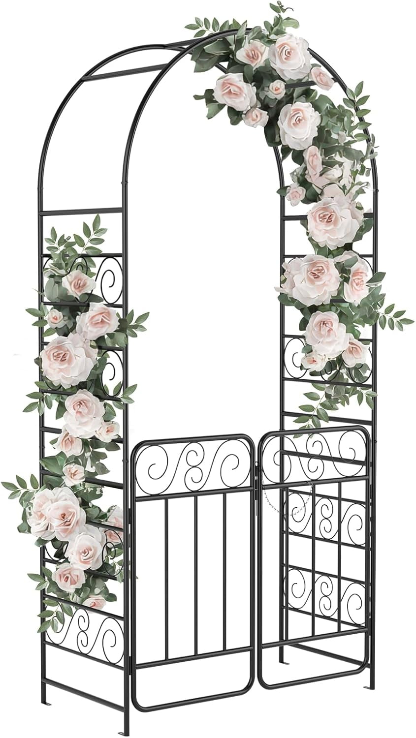 7.2FT Garden Arch Arbor with Gate, Heavy Duty Metal Outdoor Arbour ...
