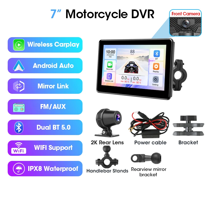 7" 2K Motorcycle CarPlay Screen DVR 1440P Dash cam Navigation GPS ...