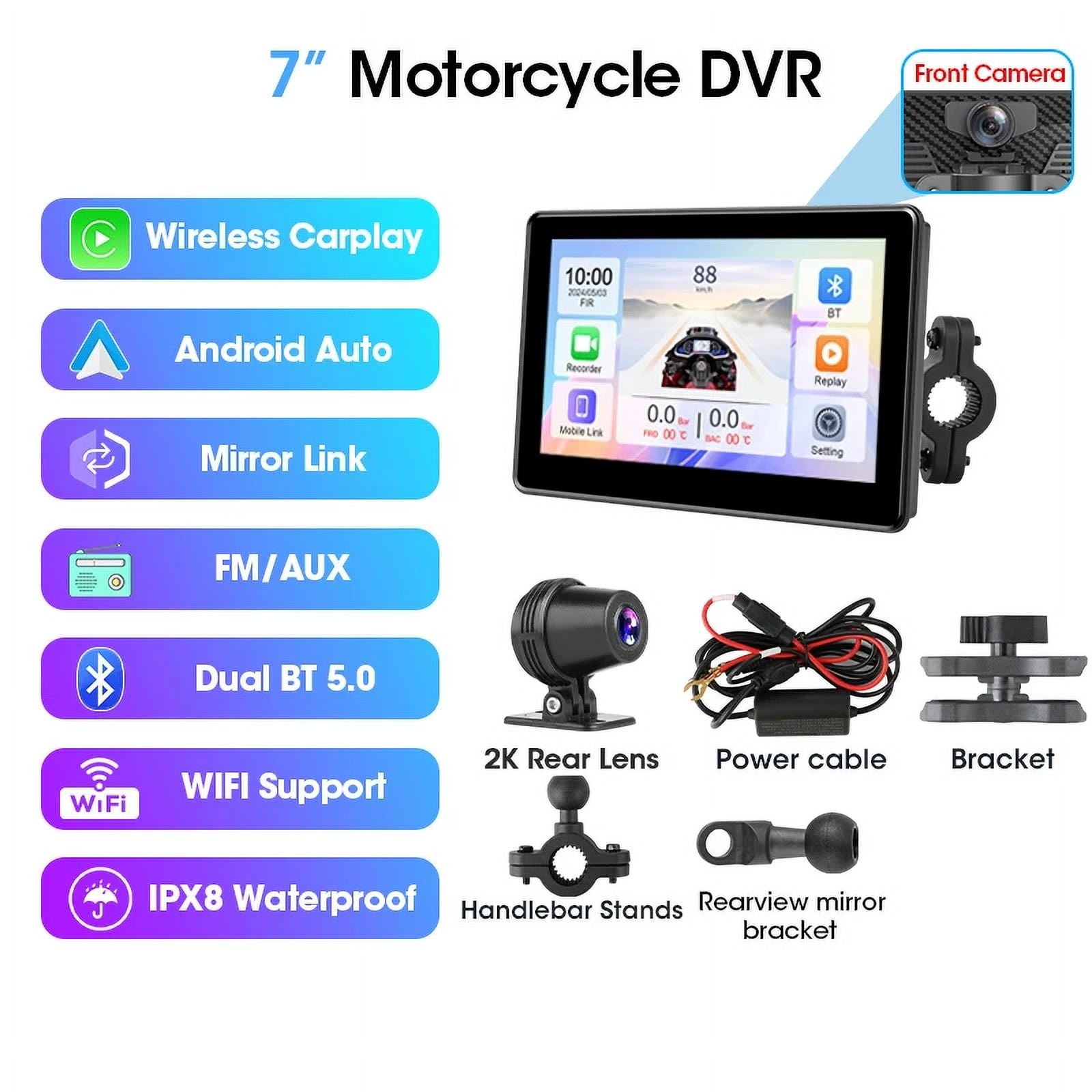 7" 2K Motorcycle CarPlay Screen DVR 1440P Dash cam Navigation GPS ...