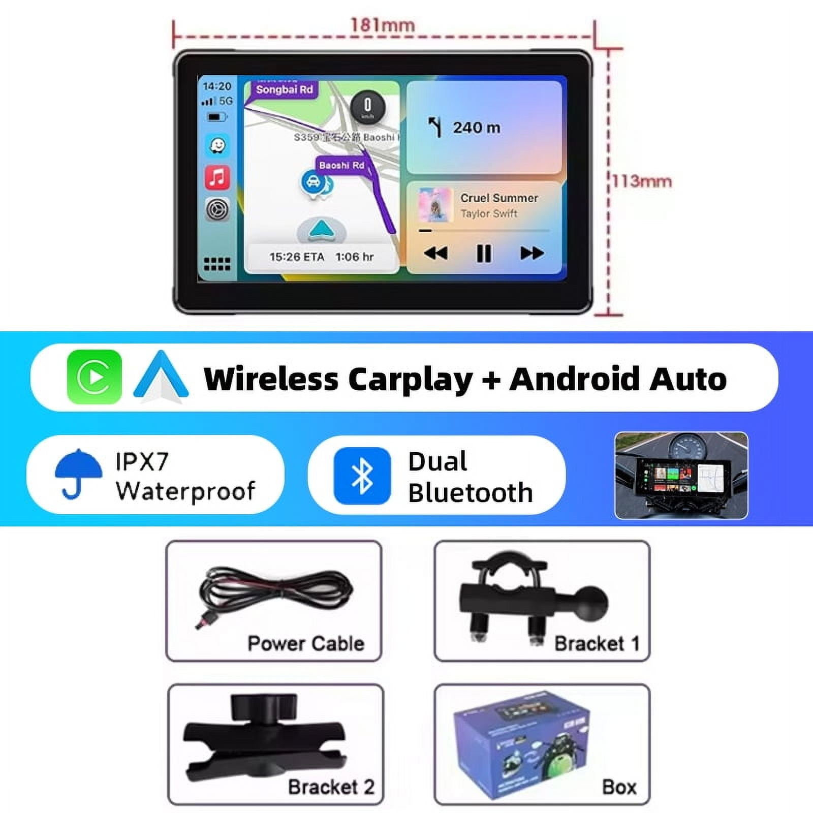 7'' 2K Motorcycle DVR Navigation Multimedia Player Wireless CarPlay ...