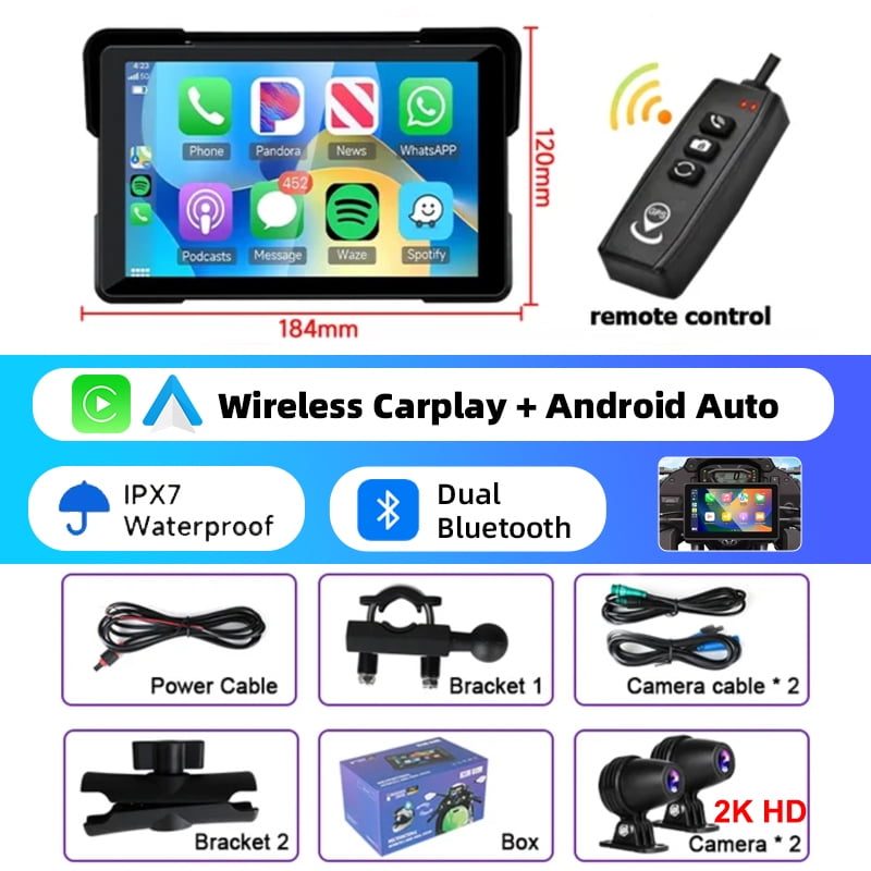 7'' 2K Motorcycle DVR Navigation Multimedia Player Wireless CarPlay Android Auto Dual Lens ...
