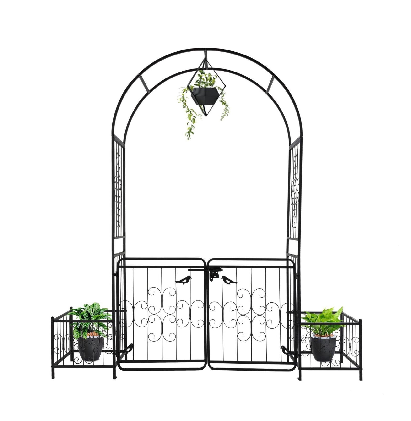 7.2ft Black Iron Garden Arch with Arched Top and Gate Metal Arbor ...