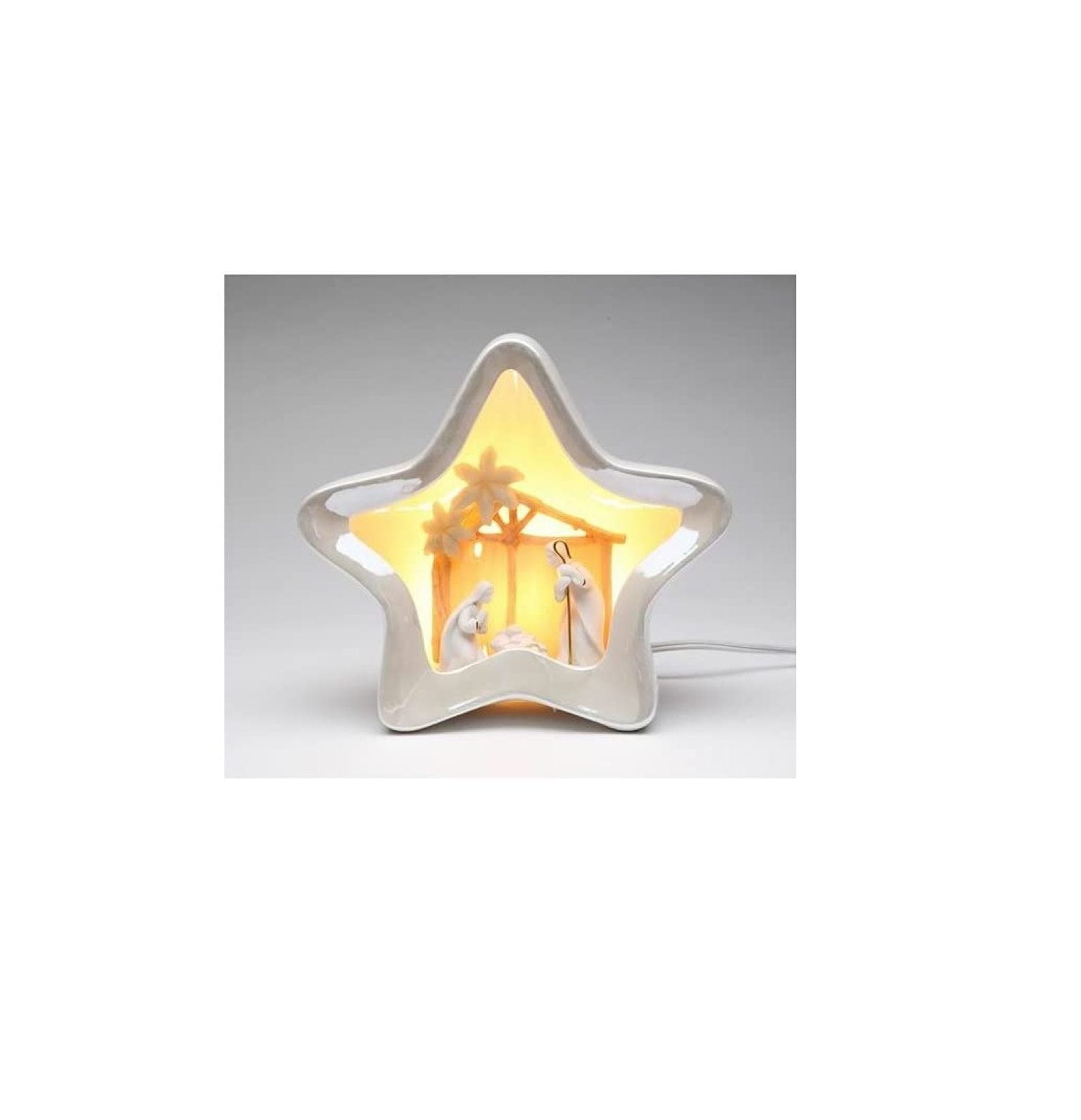 7 3/8 Inch White Star Shaped Night Light with Nativity Scene Center ...