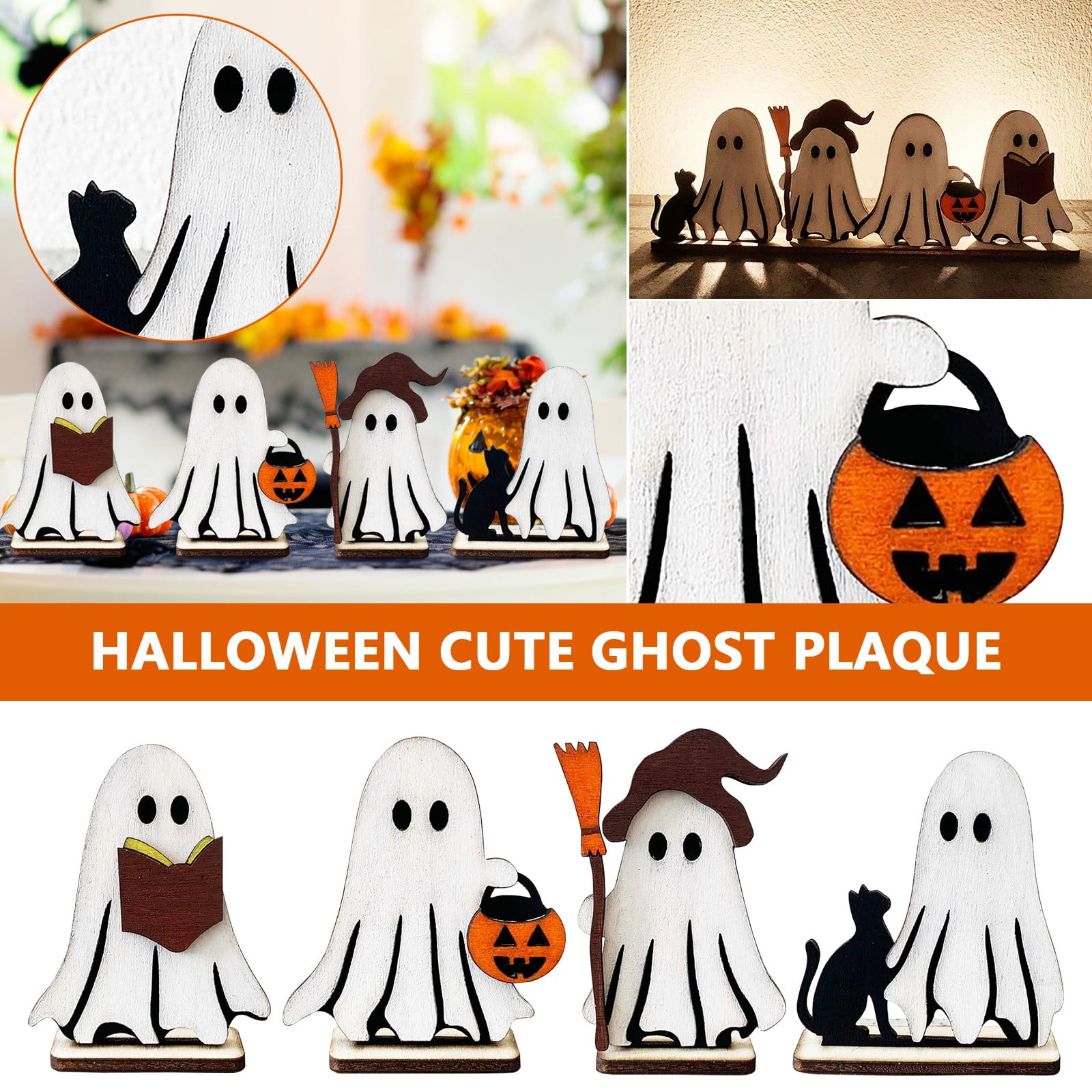 7.3" Cute Ghost Halloween Decorations Wooden Tiered Tray Decor Table ...