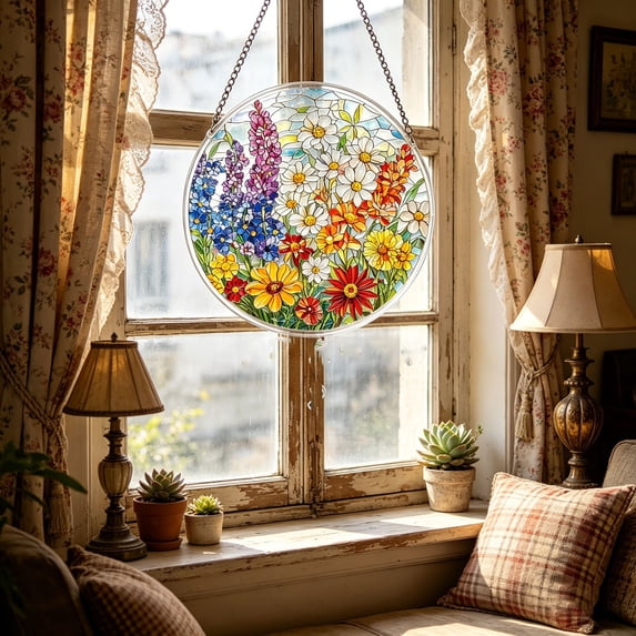 7.4 Inch Round Acrylic Suncatcher,Stained Glass Style Window Hanging ...