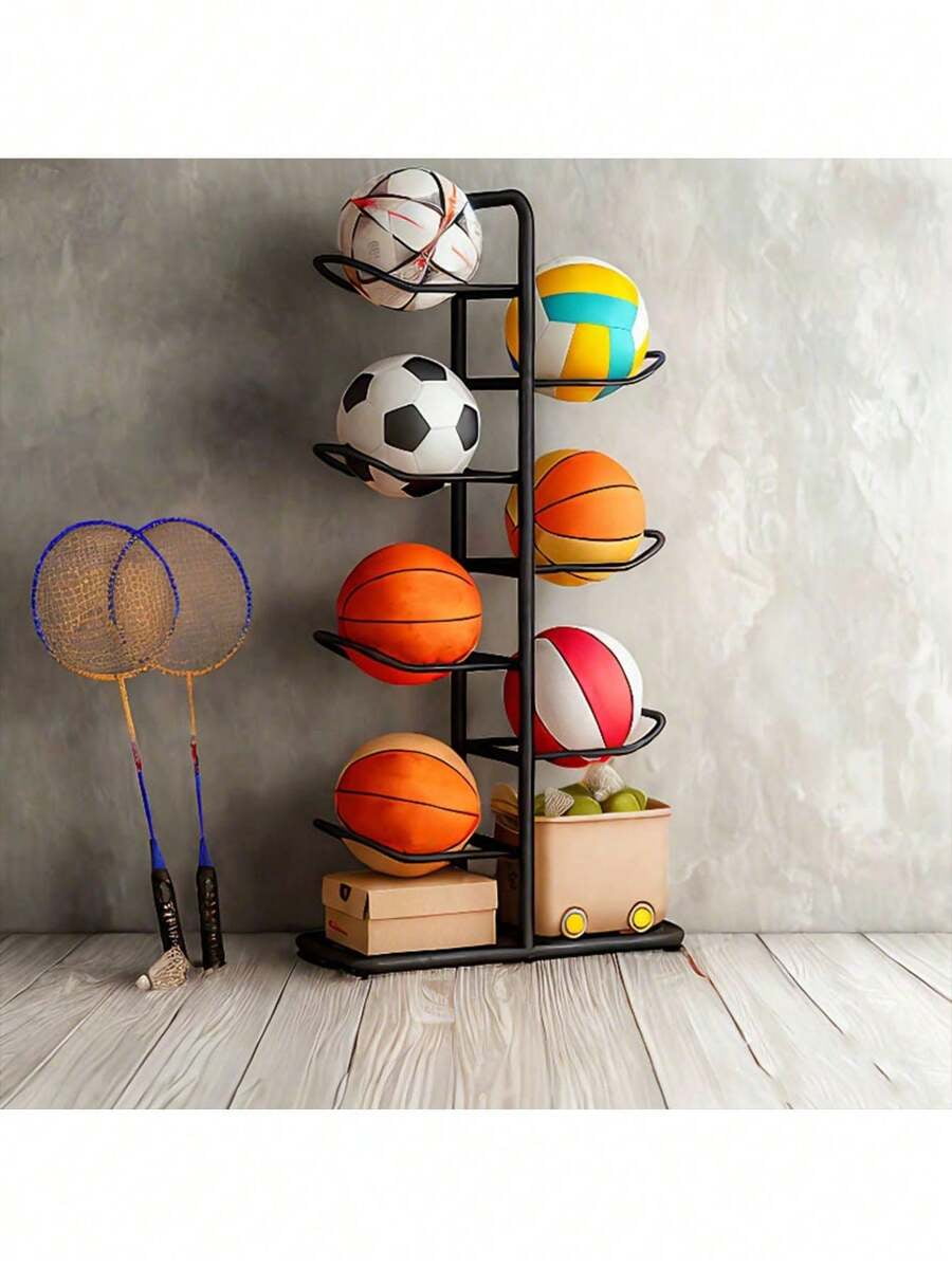7/4 Tier Black Basketball Ball Storage Rack Standing Basketball Holder ...