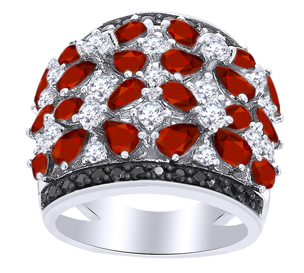 AFFY 7.47 Ct Pear Shape Simulated Garnet, White Topaz & Black Spinel Band Ring in 14k White Gold ...