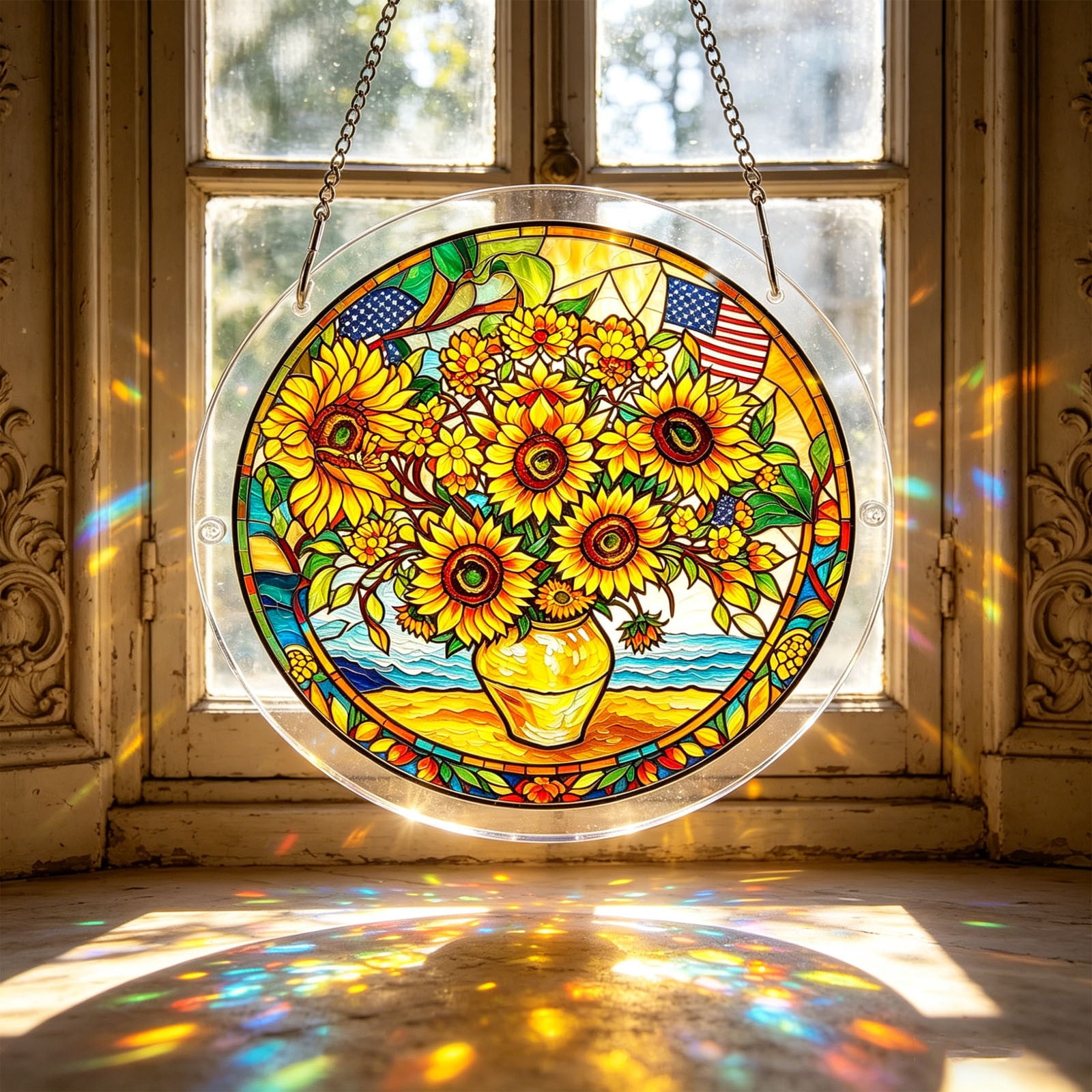 7.48in Sunflower Suncatcher Stained Glass Style Window Hanging Ornament ...