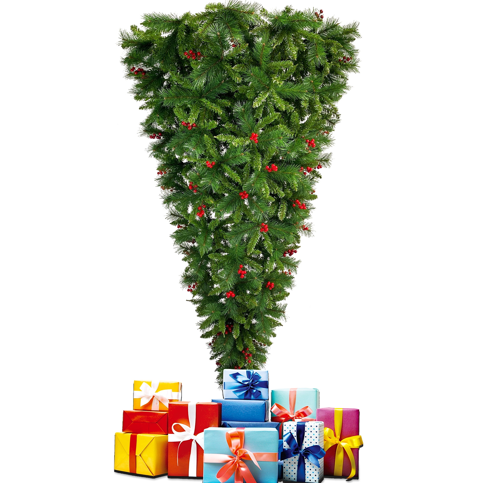 7.4FT Upside Down Christmas Trees with 65 Red Artificial Berries, 2021 ...