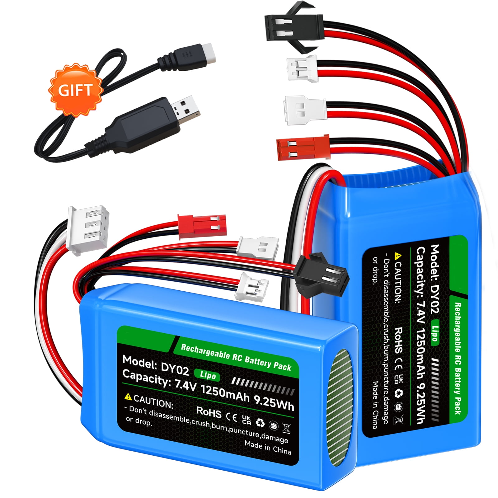 7.4V Lipo Battery 1250mAh 2S 25C Rechargeable Battery with JST/PH2.0 ...