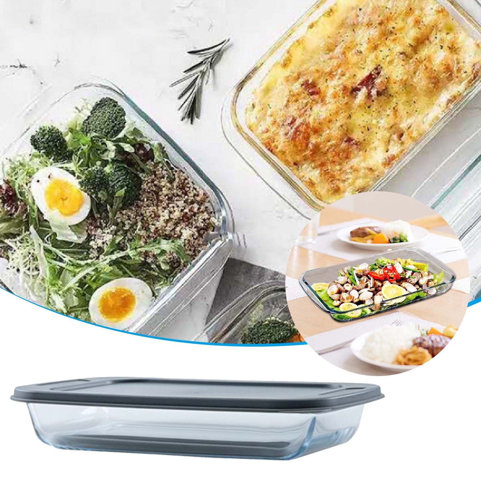 7.4inch×12inch Rectangular Glass Baking Dish With Gray Lid 3.08pt（1.7L ...