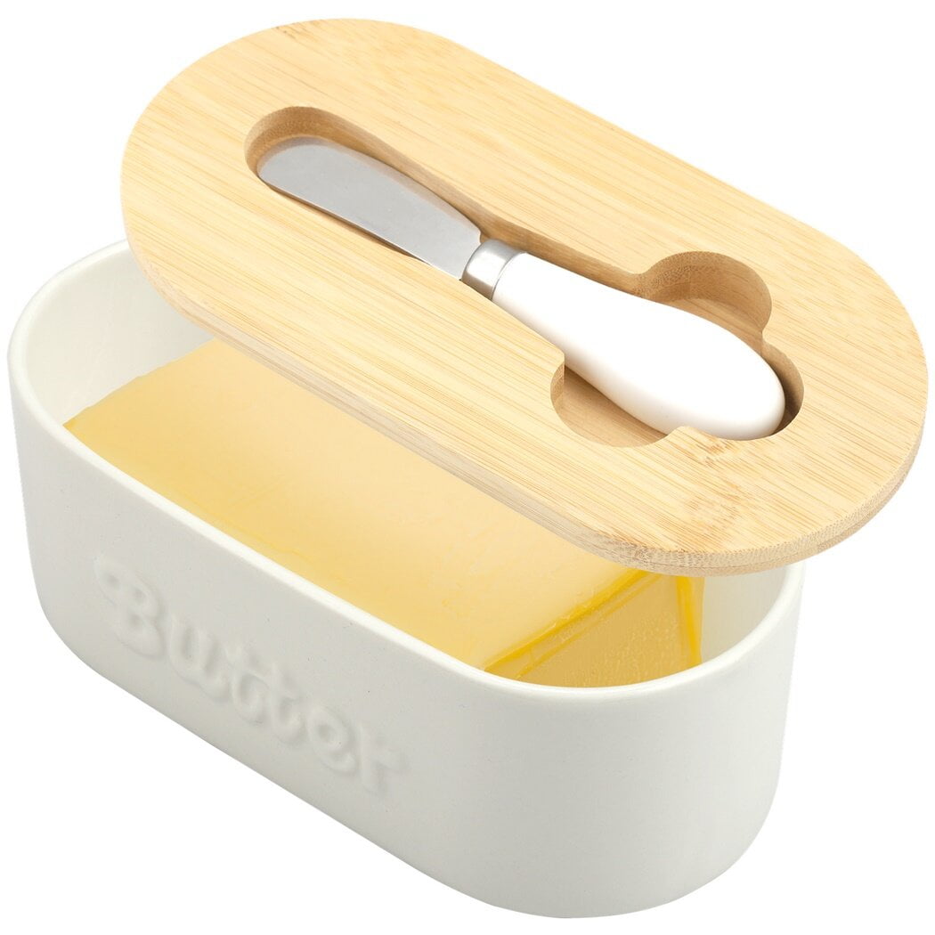 7.5" Butter Crock, Porcelain Butter Container with Bamboo Lid ...