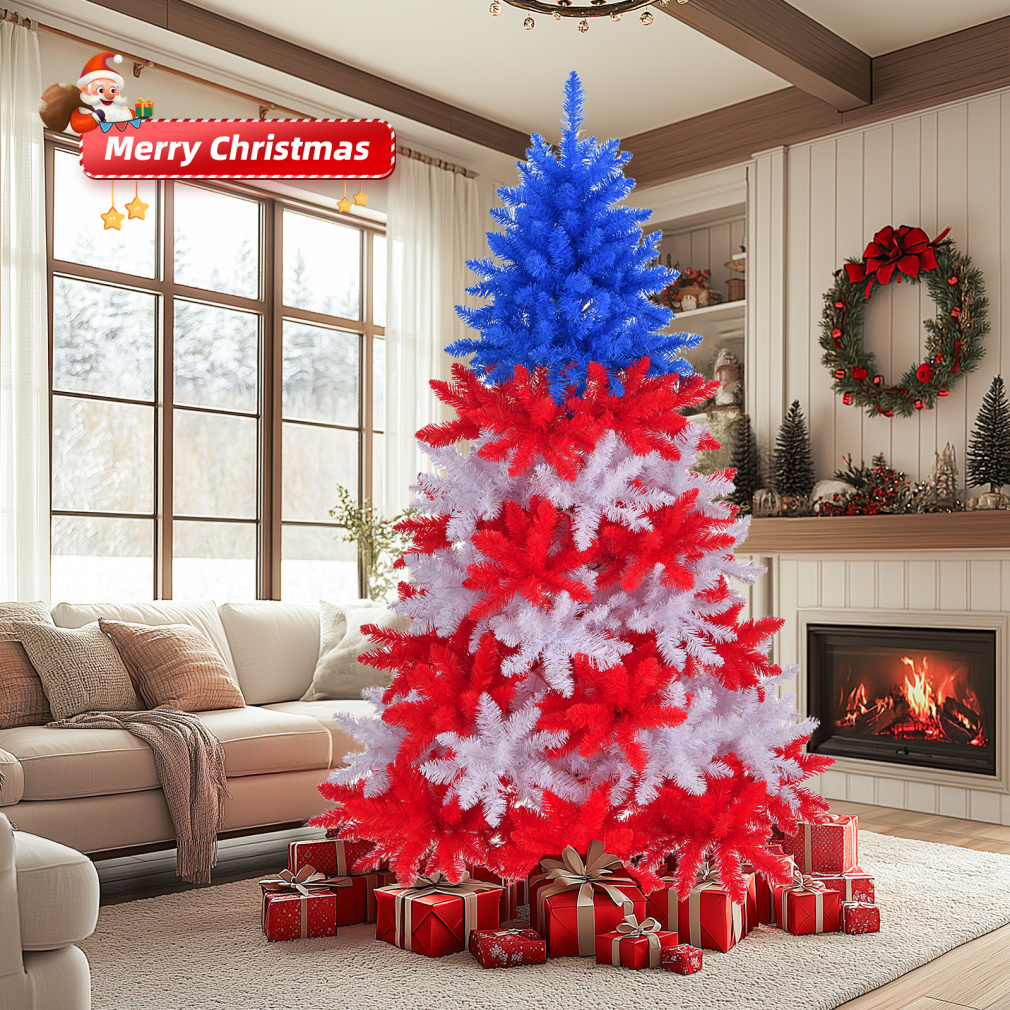 7.5 FT Pre-Lit Patriotic Artificial Christmas Tree, Flag-Themed Hinged ...
