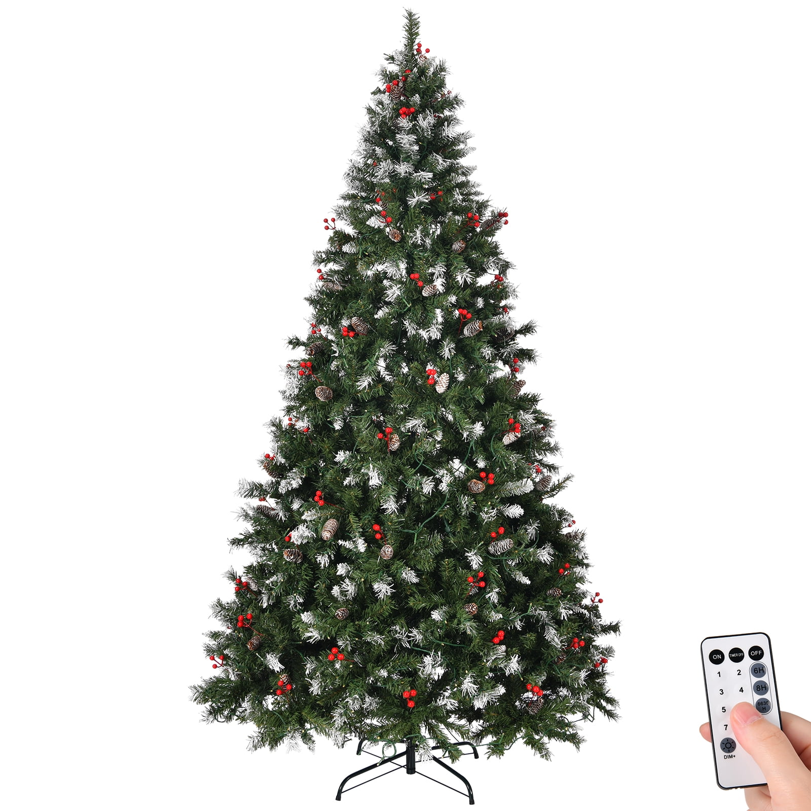 7.5 FT Pre-lit Artificial Snow Tipped Christmas Tree, Hinged Xmas Pine ...