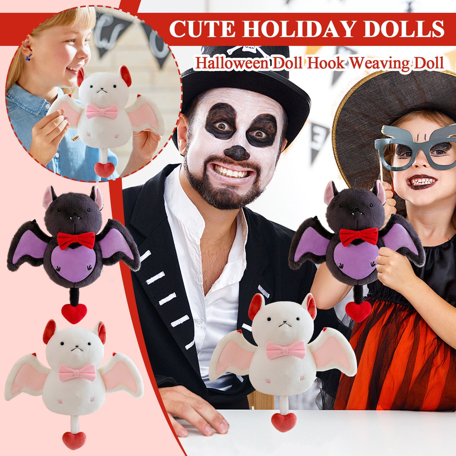 ‌7.5" Halloween Bat Plush Toy Set - Cute White & Black Bats with Pink ...