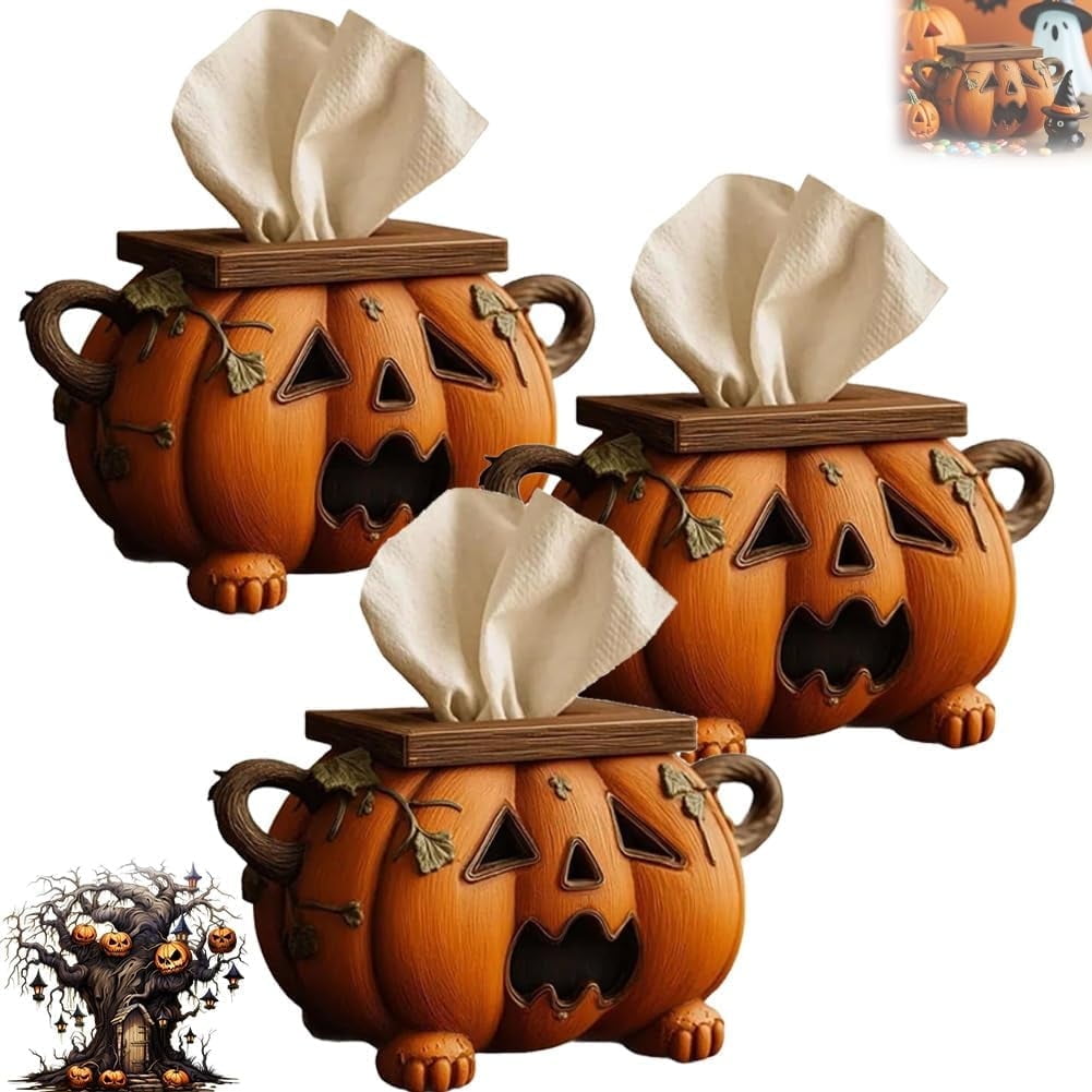 7.5" Halloween Pumpkin Tissue Box Holder, Carved Jack-O’-Lantern Facial ...