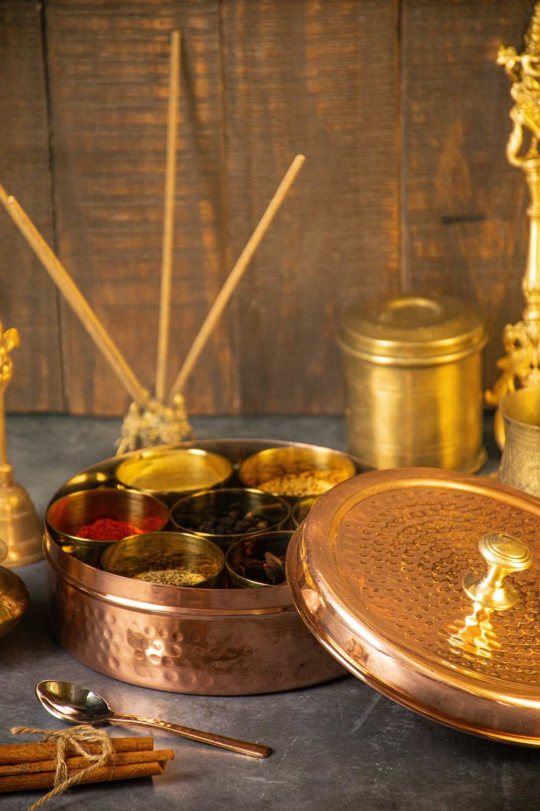 7.5 Inch Dia Handcrafted Indian Spice Box, Copper Seasoning Set with ...